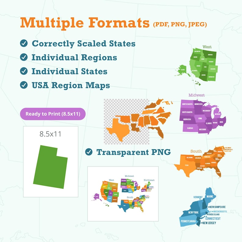 USA Map Bundle | 50 States + 4 Regions | United States Printable ...