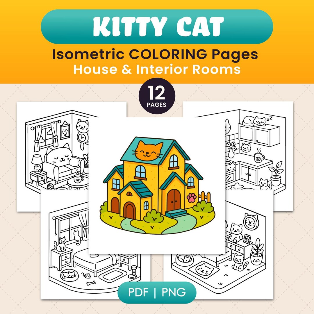 Kitty Cat Coloring Pages | Cute Isometric House Rooms | Animal Interior ...