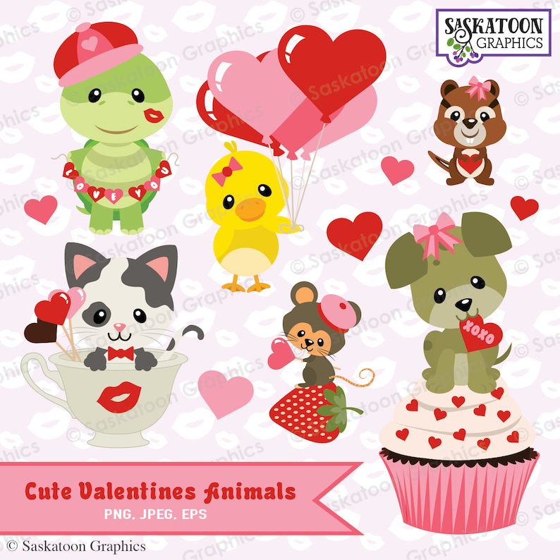 Valentines Day Cute Animal Clip Art - Instant Download File - Digital ...