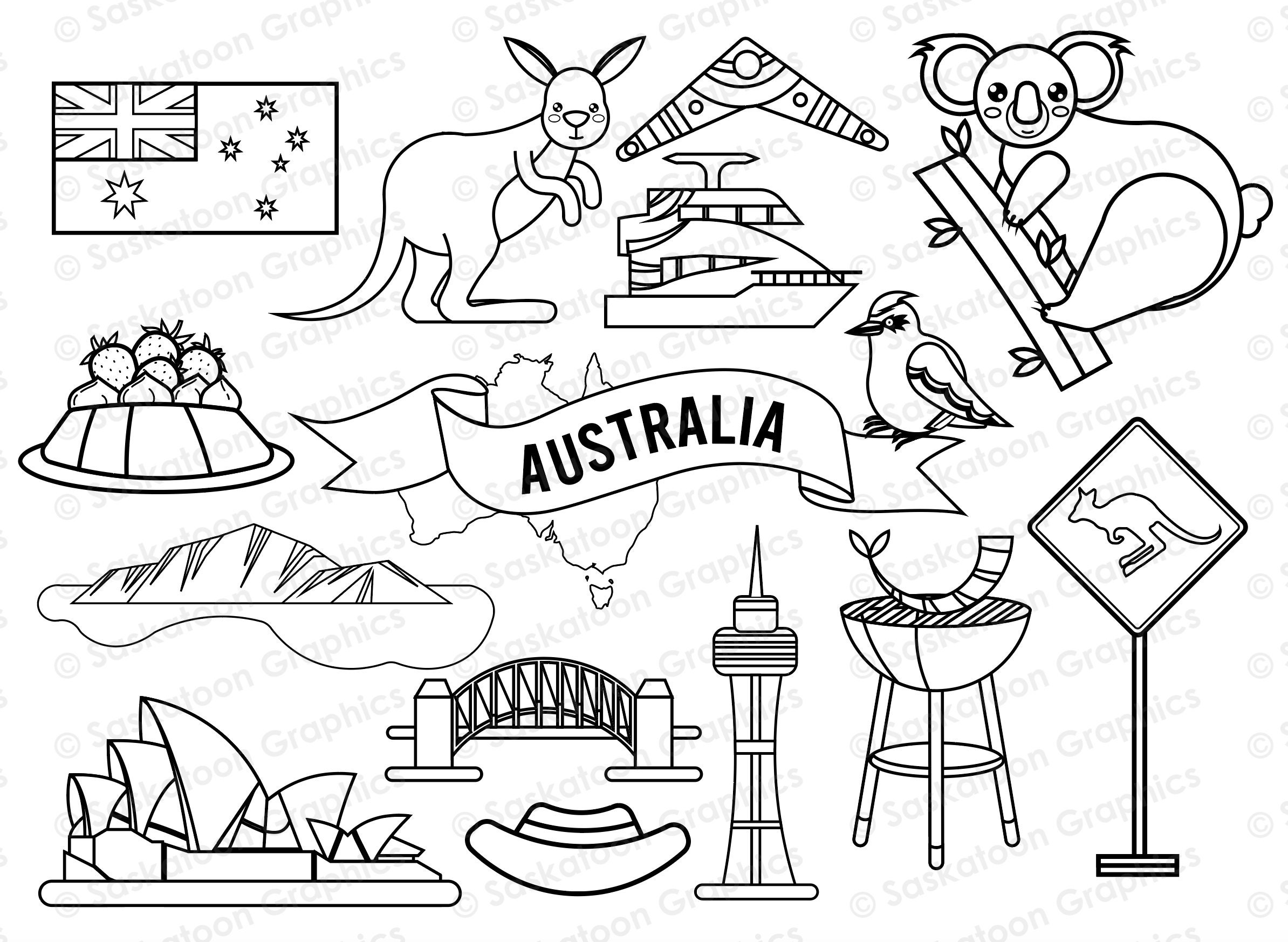 Australia Line Outlines Clip Art - Australian Flag - Continent World ...