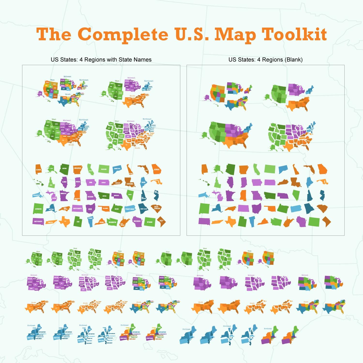 USA Map Bundle | 50 States + 4 Regions | United States Printable ...