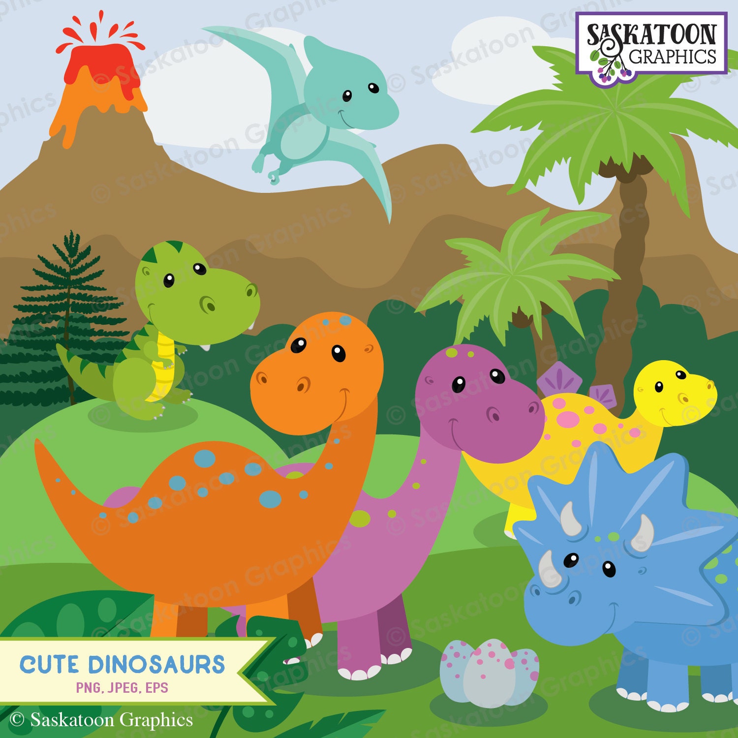 Cute Prehistoric Dinosaur Clip Art - Instant Download File - Digital ...