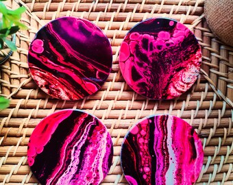 fluid coasters abstract resin tiles Pink and olive green resin coasters ...