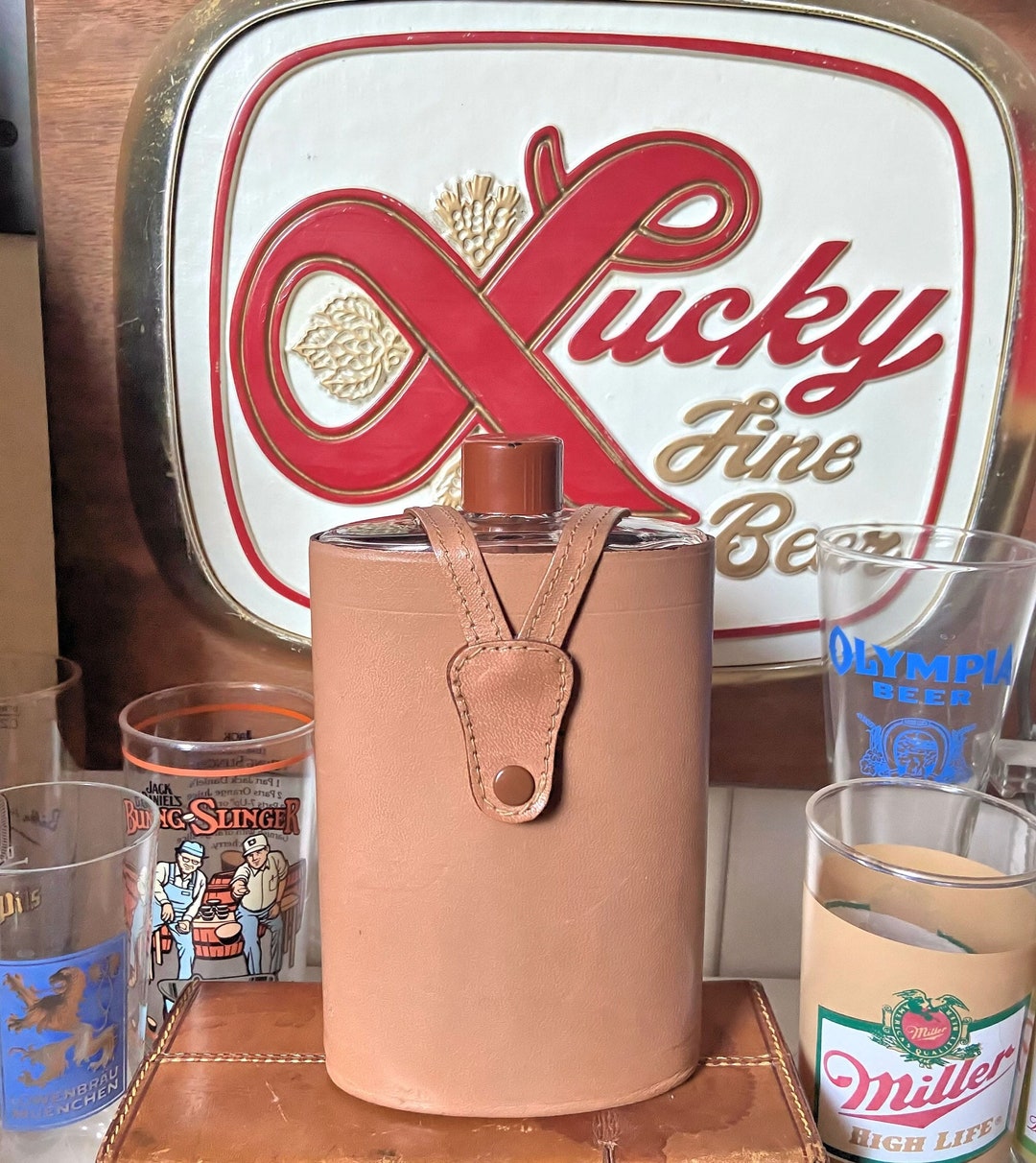 Mid Century Glass Flask With Case, Beige Hip Flask With Leatherette ...