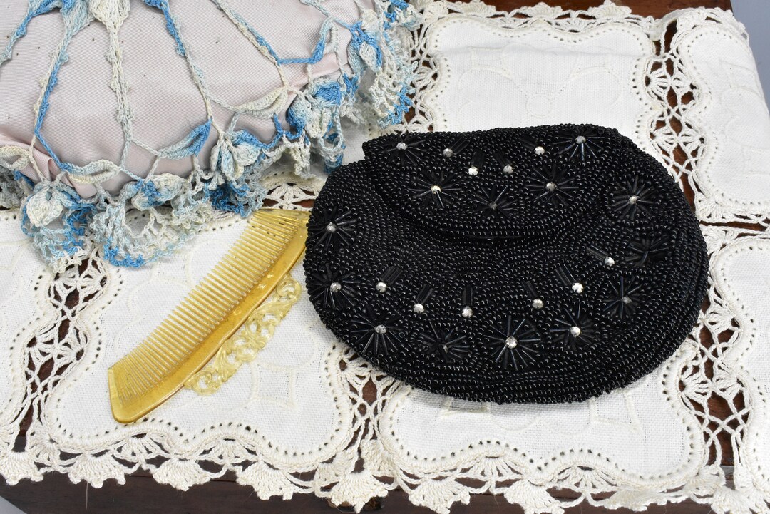Vintage Black Beaded Purse With Comb - Etsy