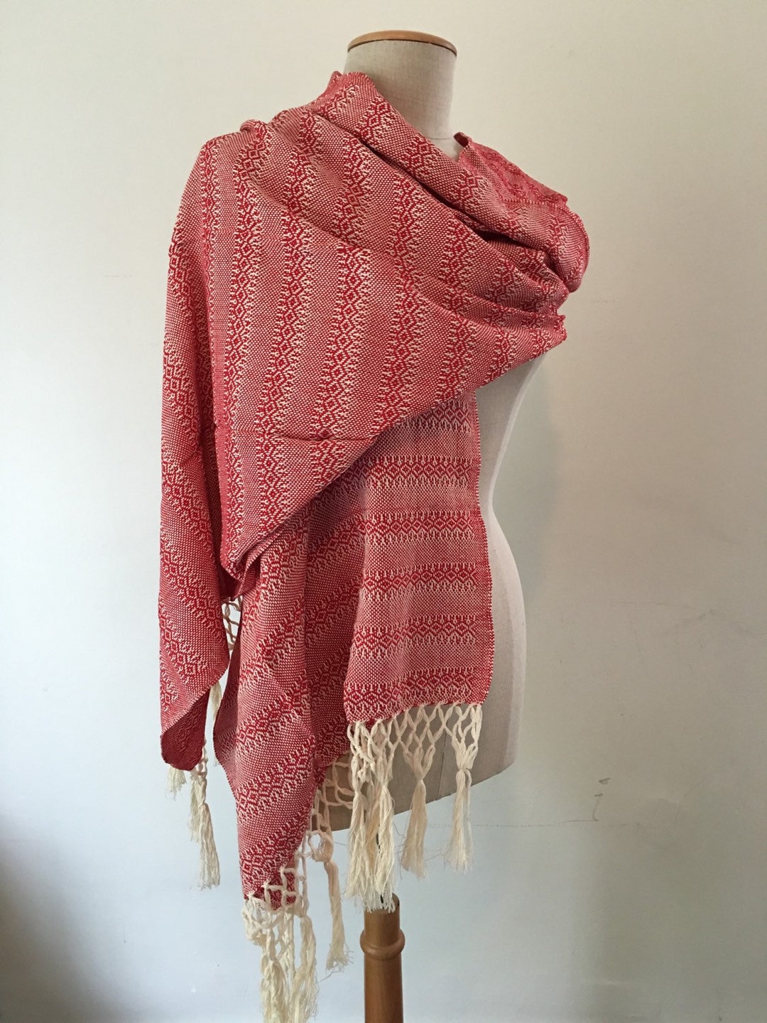 Mexican Rebozo Algodon Labrado Red Natural White Shawl Wrap - Etsy