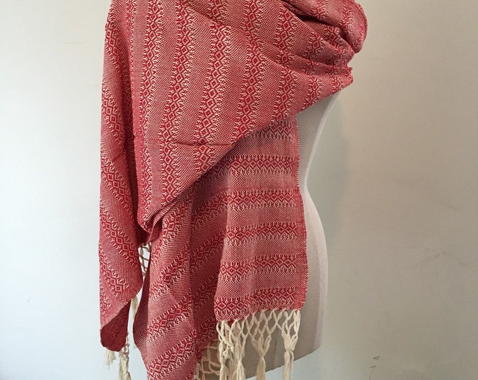 Mexican Rebozo Algodon Labrado Red Natural White Shawl Wrap - Etsy