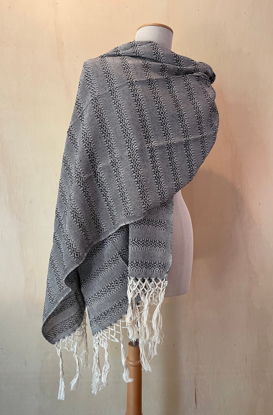 Mexican Rebozo Algodon Labrado Black White Negro Blanco Handwoven ...
