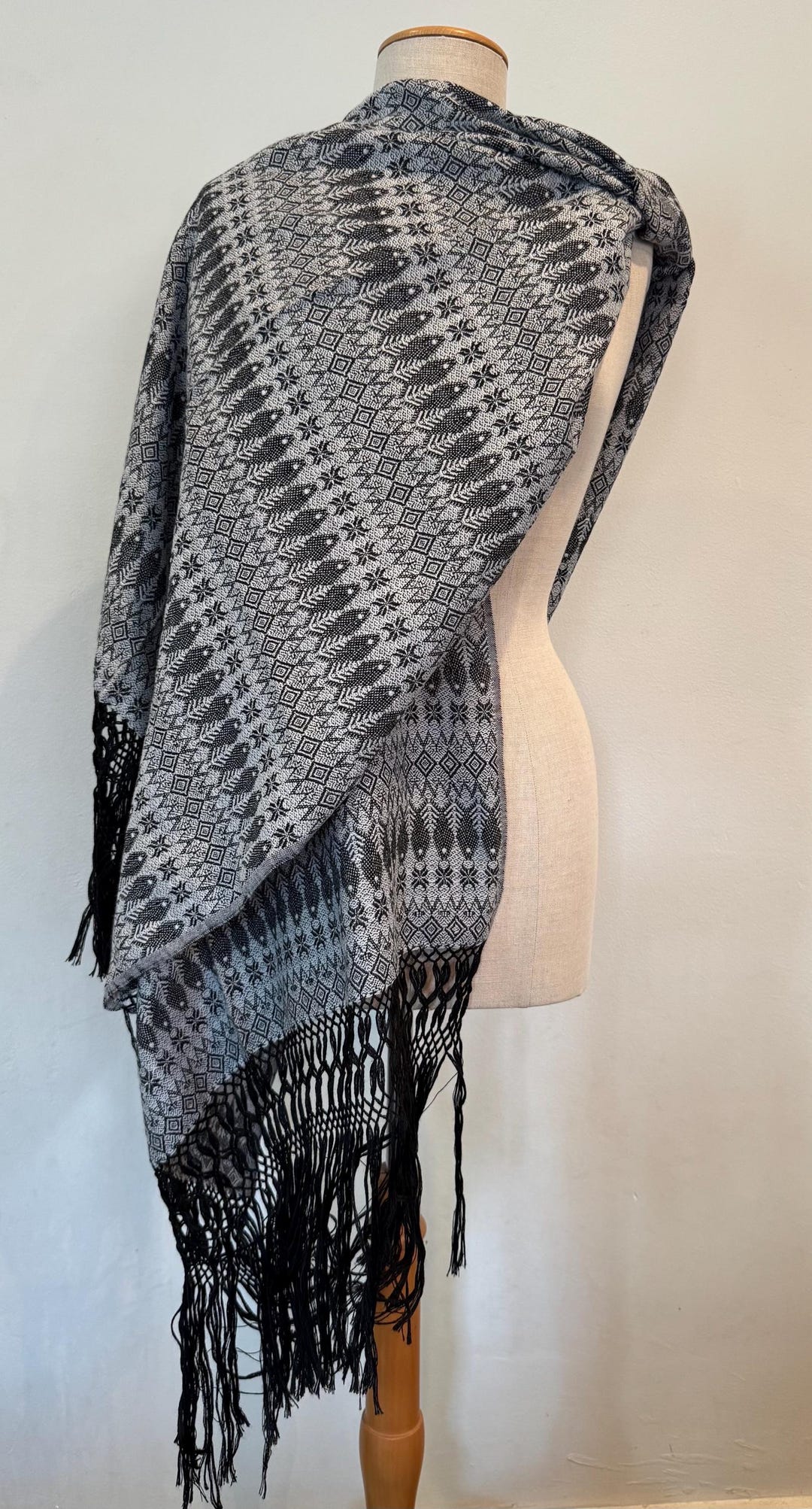Handwoven Mexican Rebozo: Gray & Black Fish Design - Purepecha Artisan ...