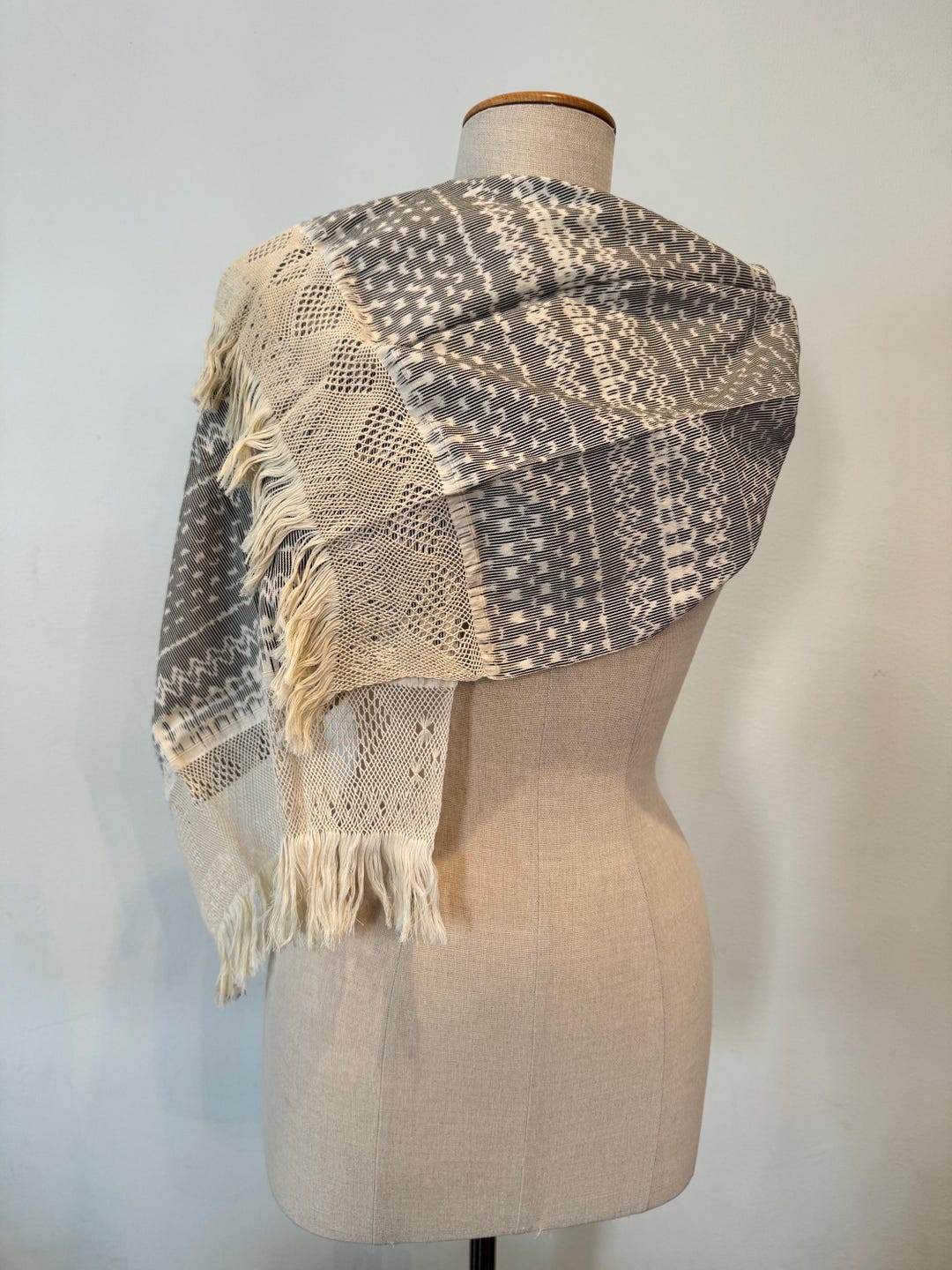 Mexican Rebozo Tenancingo Mexico Chalina Raton White Black Blanco Negro Handwoven Wrap Runner ...