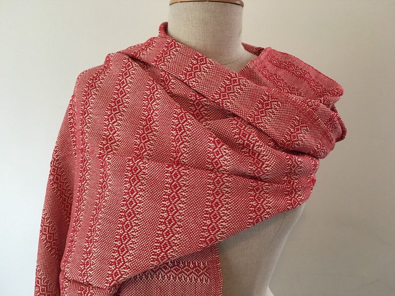 Mexican Rebozo Algodon Labrado Red Natural White Shawl Wrap | Etsy