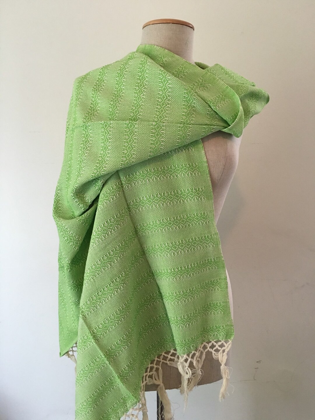 Mexican Rebozo Algodon Cotton Labrado Lime Green Natural White Verde ...