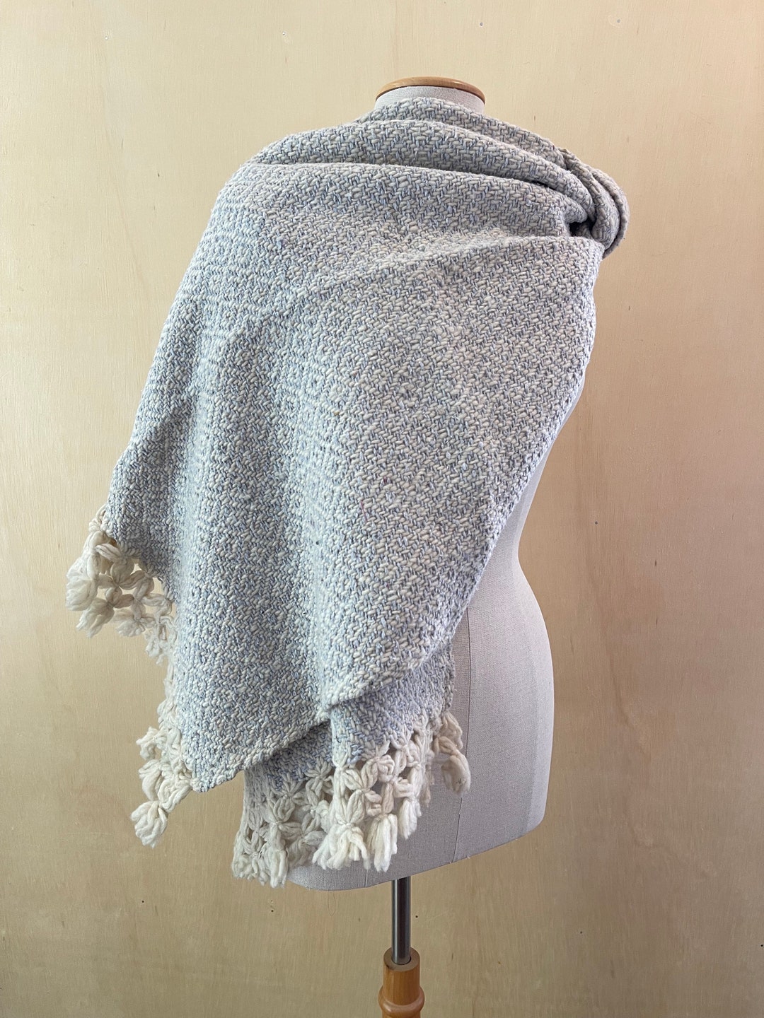 Mexican Rebozo San Juan Chamula Chiapas Chalina Wool Lana White Light Blue Blanco Azul Bajo Warm ...