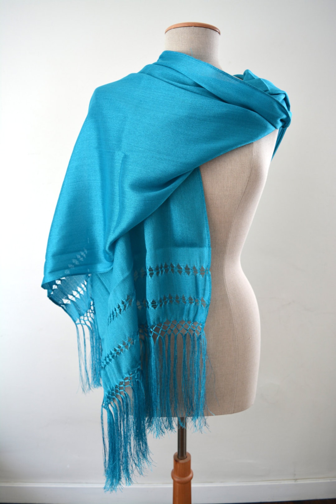 Rebozo mexicano Chalina azul turquesa mediano, textura de seda, tejido ...
