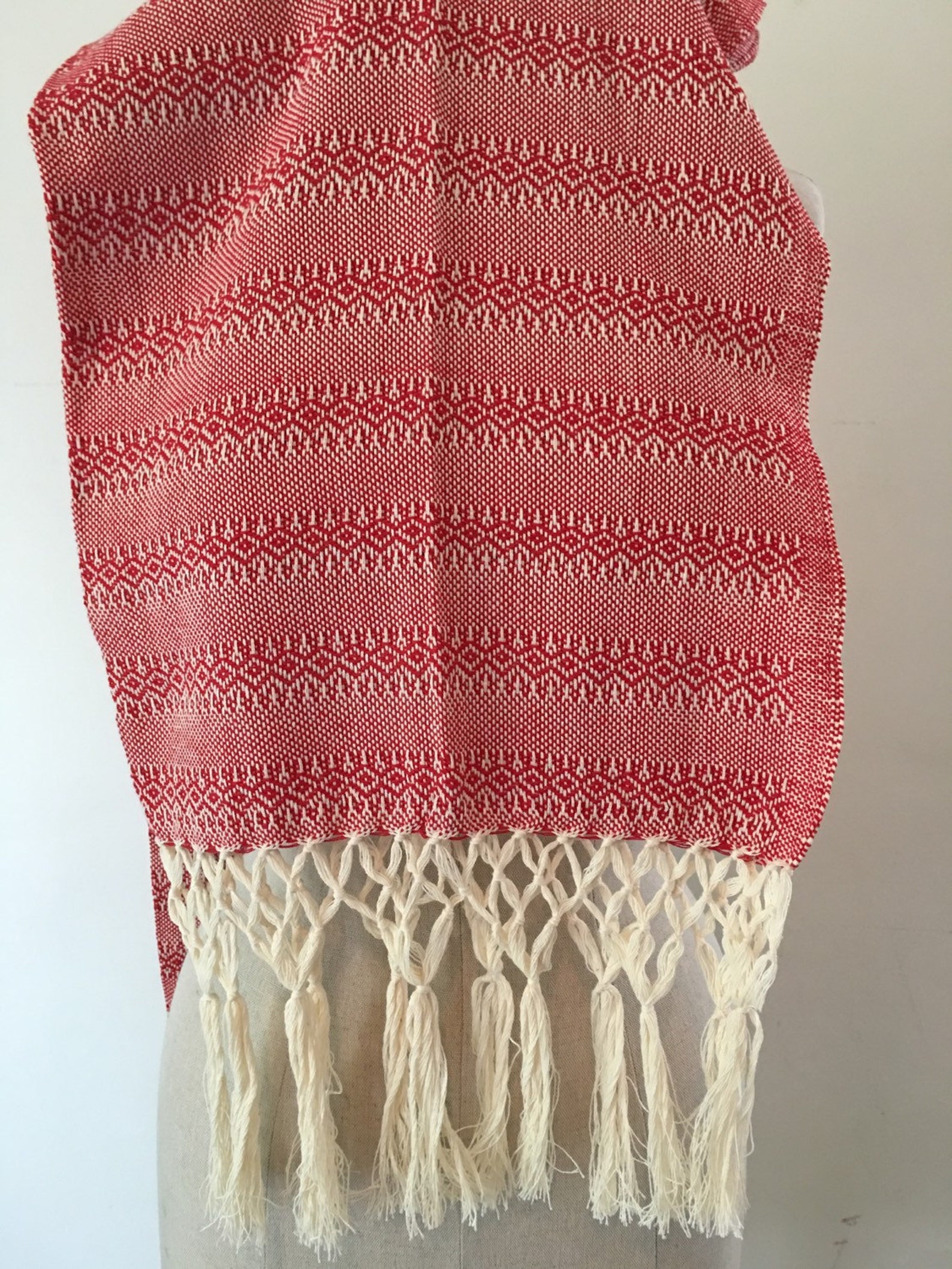Mexican Rebozo Algodon Labrado Red Natural White Shawl Wrap - Etsy