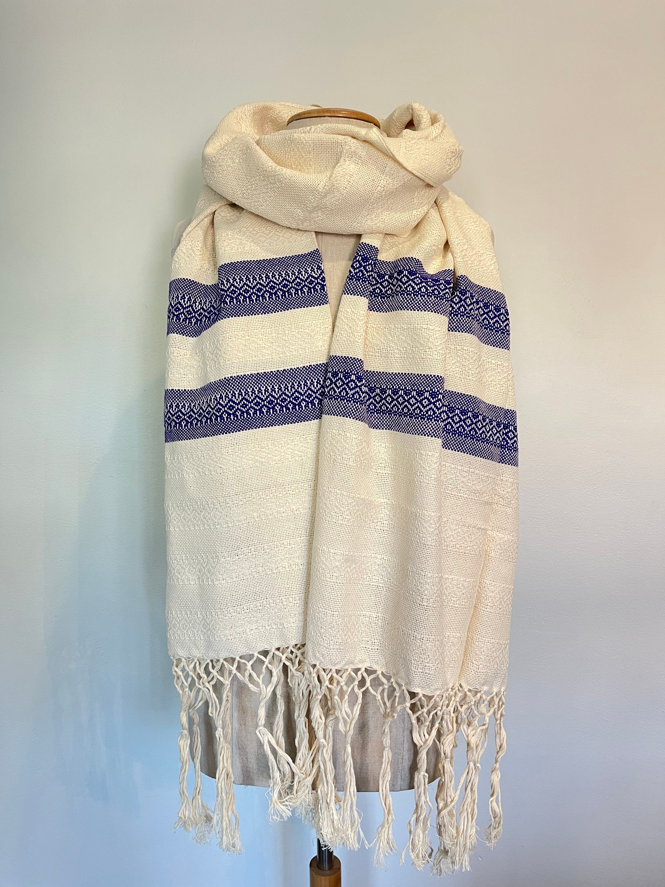 Mexican Rebozo Puebla Cotton Algodón Natural White Purple Trim | Etsy