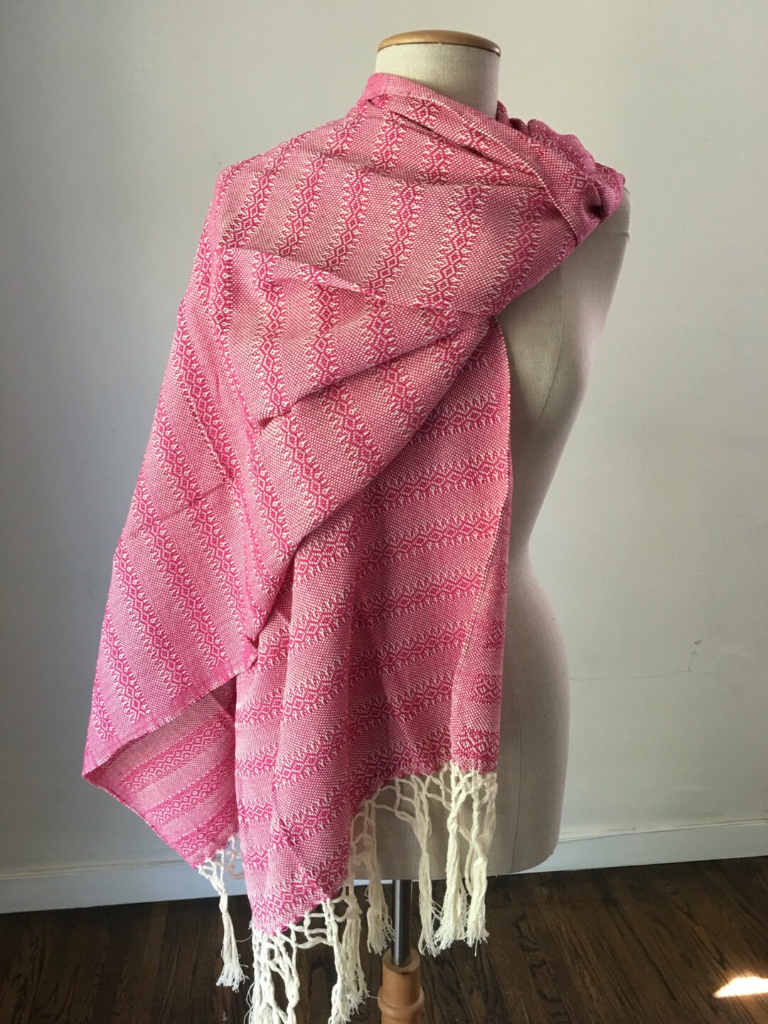 Mexican Rebozo Algodon Labrado Fuchsia Rose Pink Natural White Cotton ...