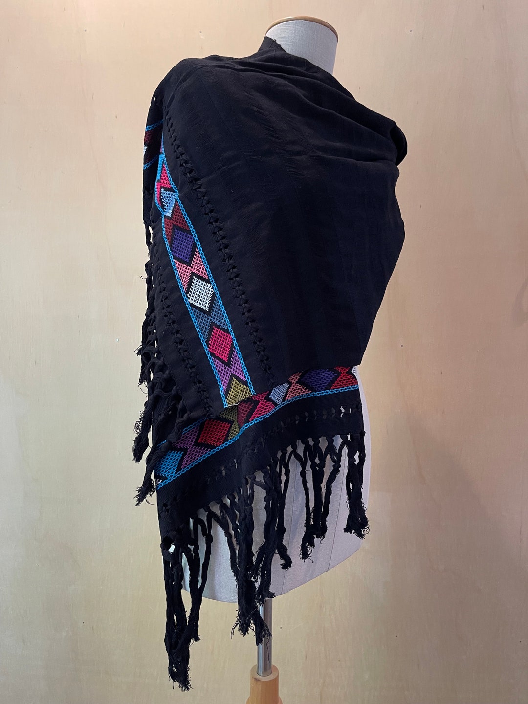 Mexican Rebozo San Lorenzo Zinacantán Chiapas Chalina Black Multicolor ...