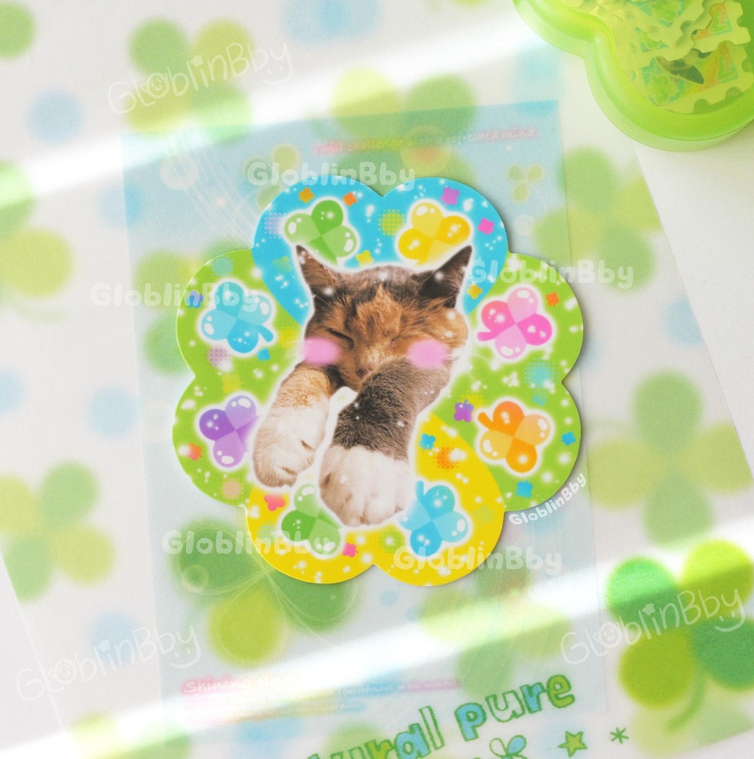 Y2K Cat Clover Sticker Kitty Rainbow Sleepy Kawaii Cute Heisei Retro ...