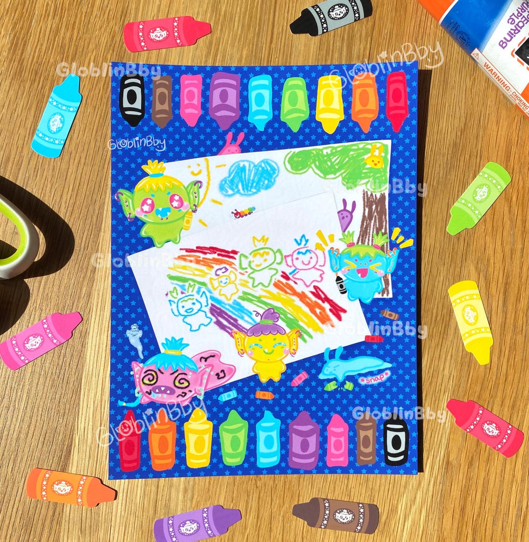 Goblins Art Print Kidcore Crayons Doodle Slugs Drawing Rainbow Original ...