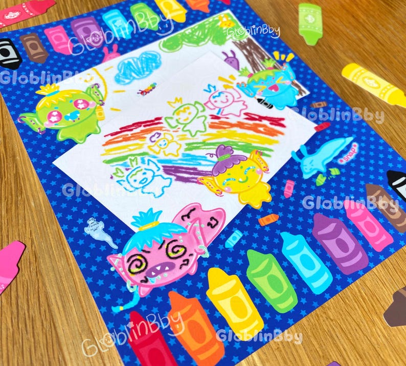 Goblins Art Print Kidcore Crayons Doodle Slugs Drawing Rainbow Original ...