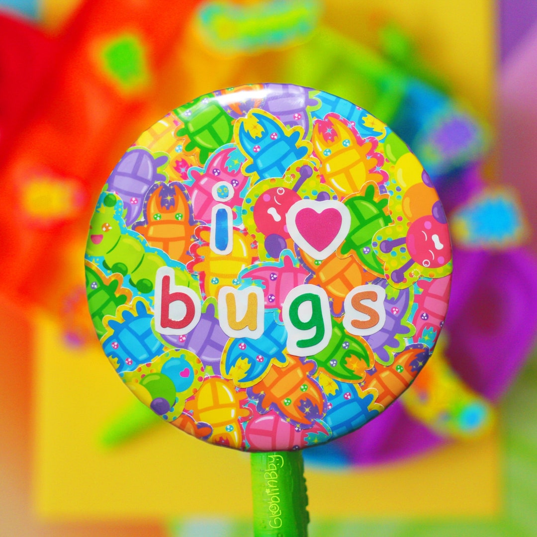 Rainbow Bugs Button Kidcore Pin Large Badge I Love Bugs Colorful Kawaii ...