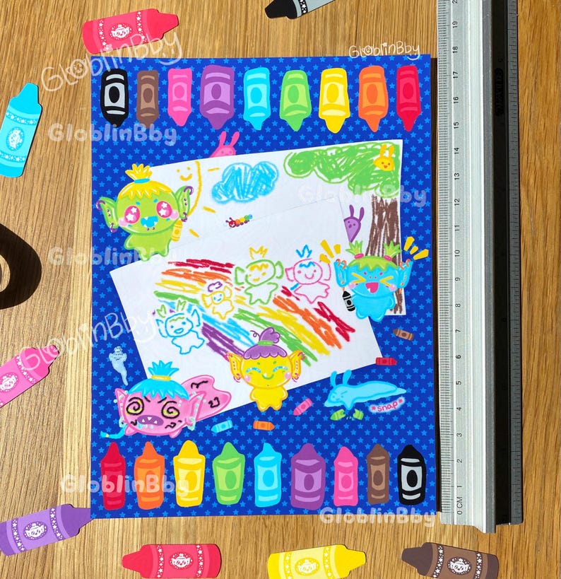 Goblins Art Print Kidcore Crayons Doodle Slugs Drawing Rainbow Original ...