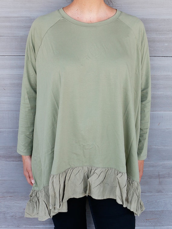 GREEN ruffle edged top. ladies casual top. ruffles long | Etsy