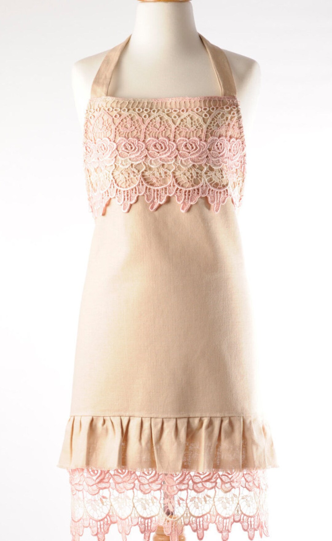 Pale Pink and Lace Apron. Vintage Lace and Linen Apron. Rose Lace and ...