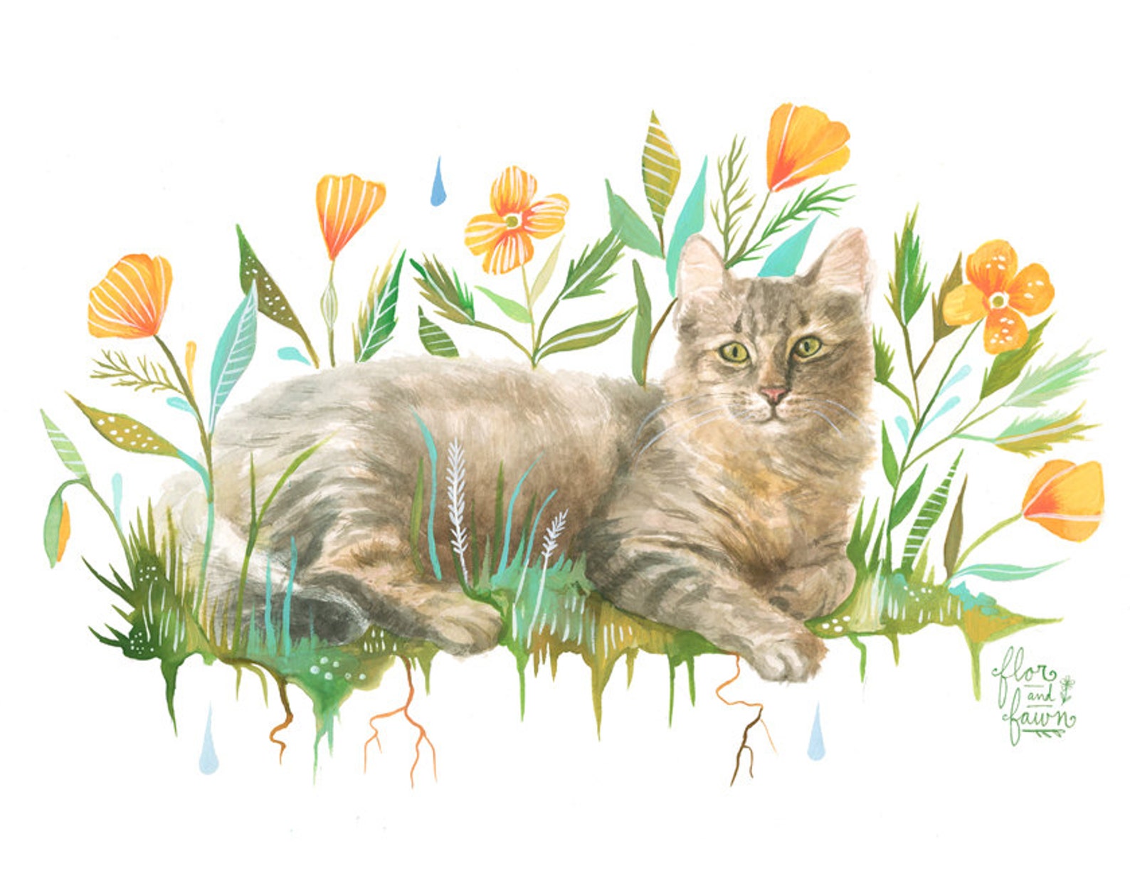 Basil Cat Art Print Watercolor Painting Nursery Kitty Floral 8x10 11x14 ...