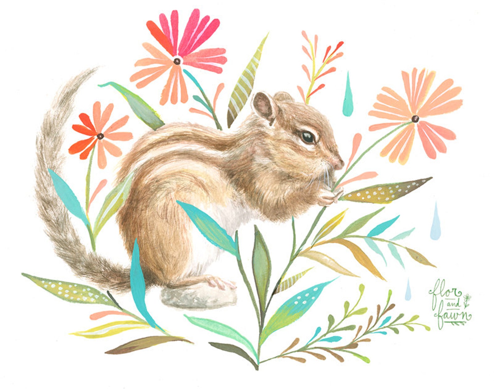 Chipmunk Art Print Watercolor Painting Nursery Woodland Animal Floral ...