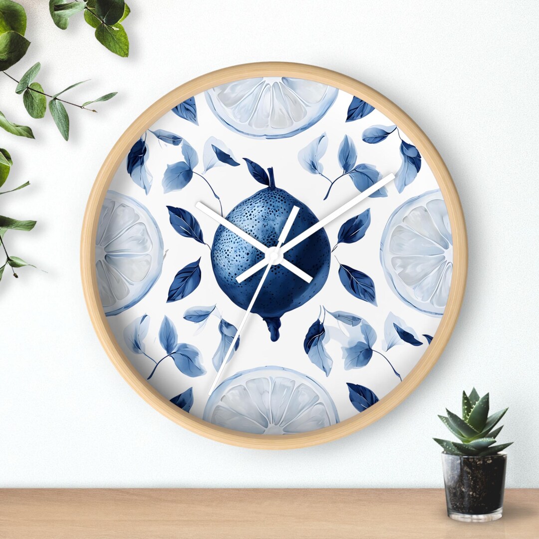 Blue Lemon Chinoiserie Design Wall Clock, Blue Kitchen Clock Wall Art ...