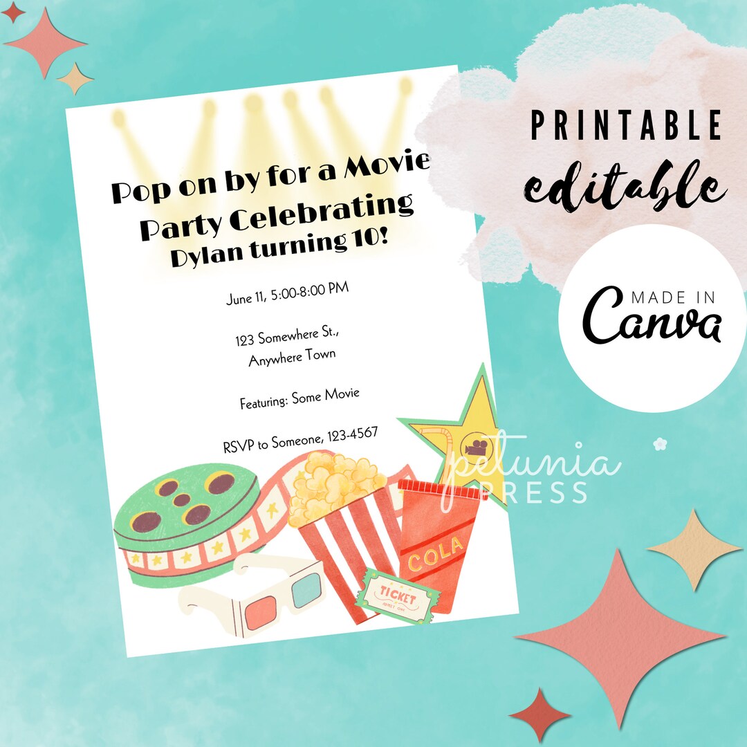 Movie Birthday Party Invitation, Popcorn and Movies Themed Party, Boy ...