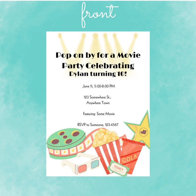 Movie Birthday Party Invitation, Popcorn and Movies Themed Party, Boy ...