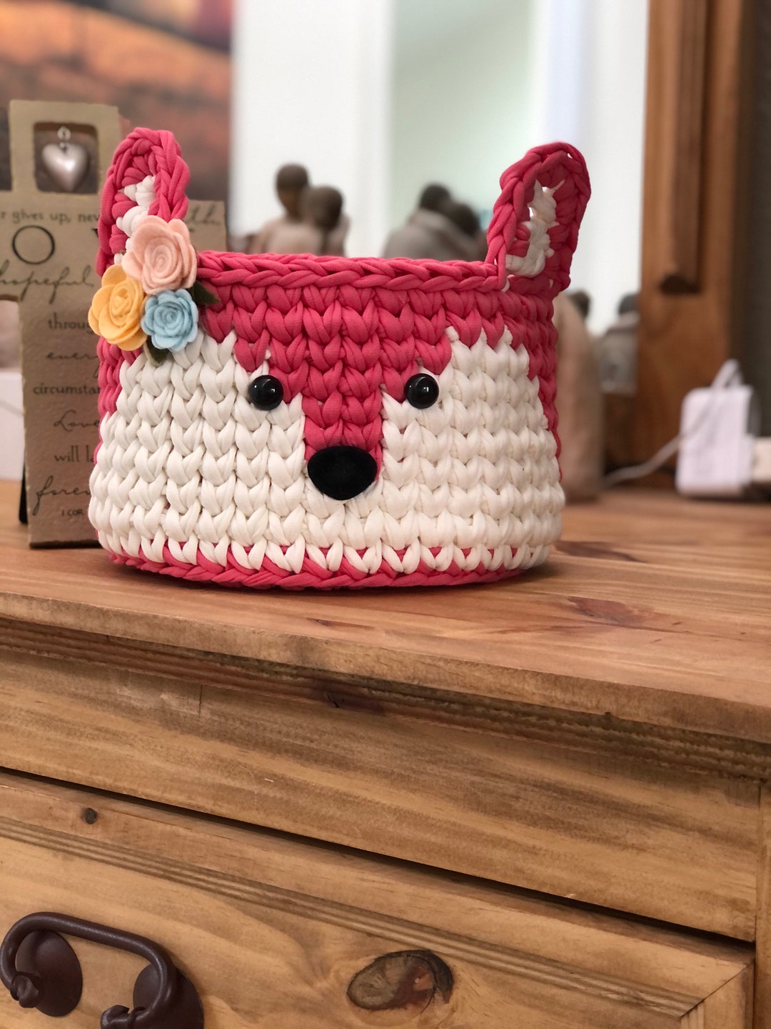 Coral Crocheted Fox Basket With Felt Flowers Crochet Fox Basket ...