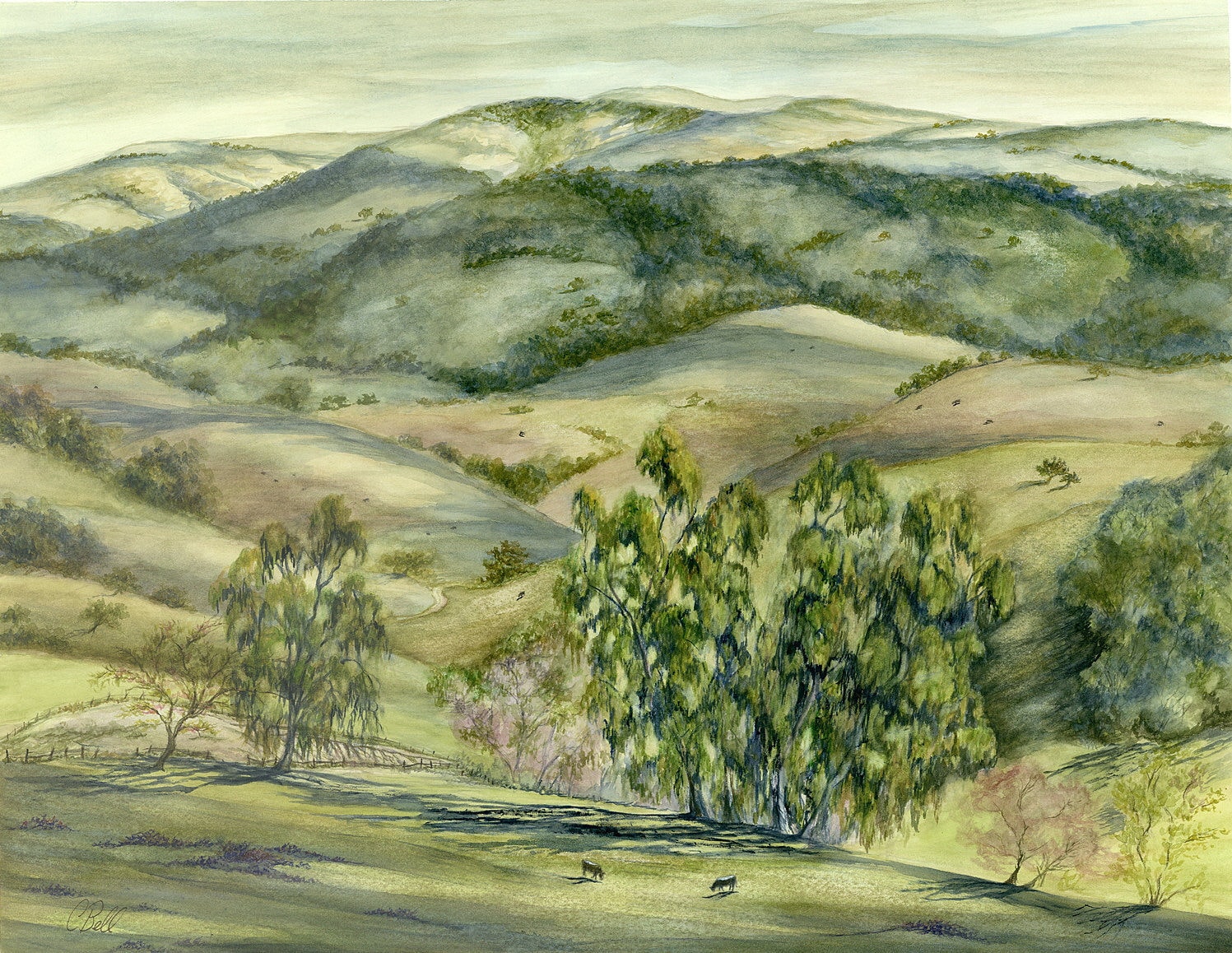 Original Watercolor Ranch and Cattle Landscape, Original Ranch, Cattle ...