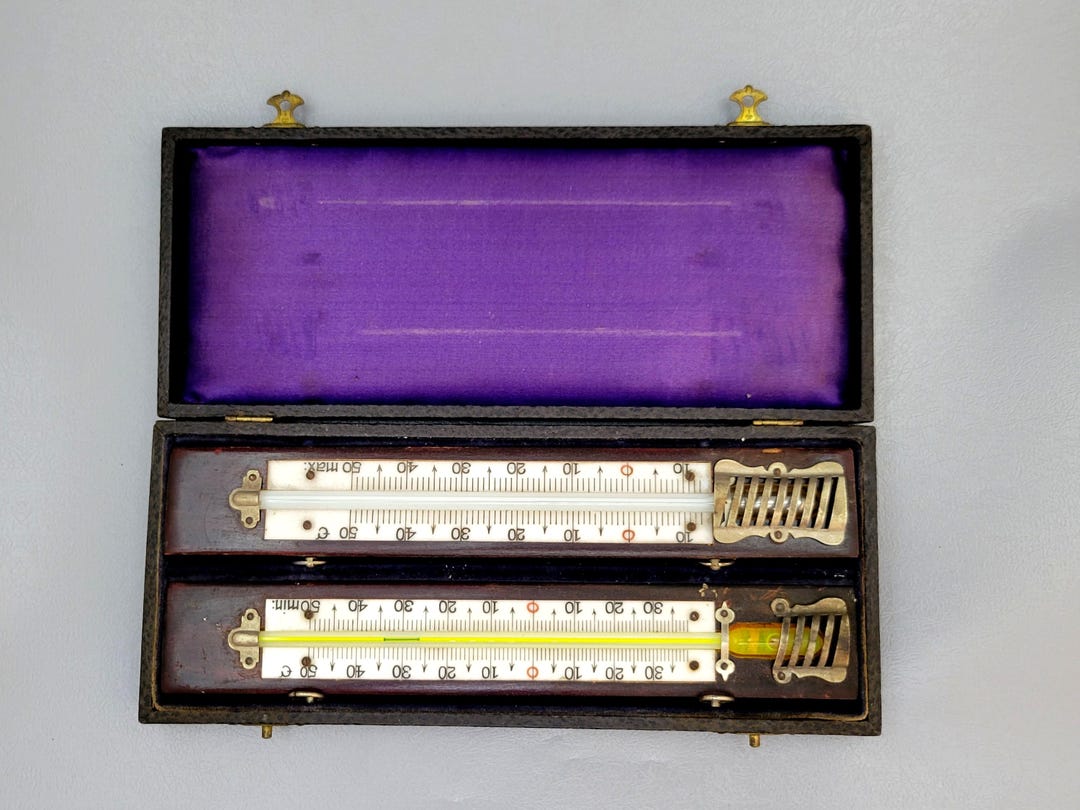 Antique Minimum and Maximum Horizontal Thermometer Set in a Dedicated ...