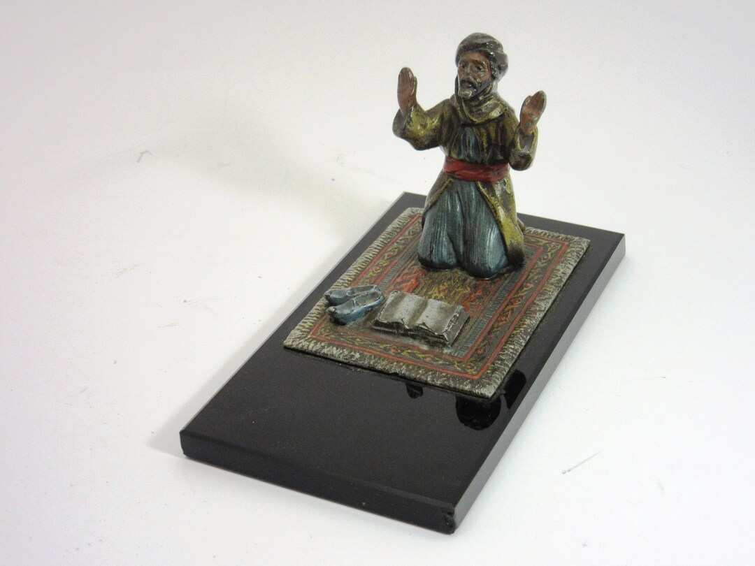 Antique Copper and Enamel Sculpture of Muslim Praying on Rug. Black ...