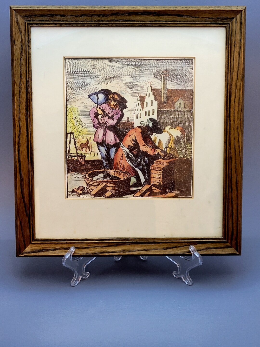 Antique German Woodblock Print, Hand-colored, Framed. "der Maurer" (the ...
