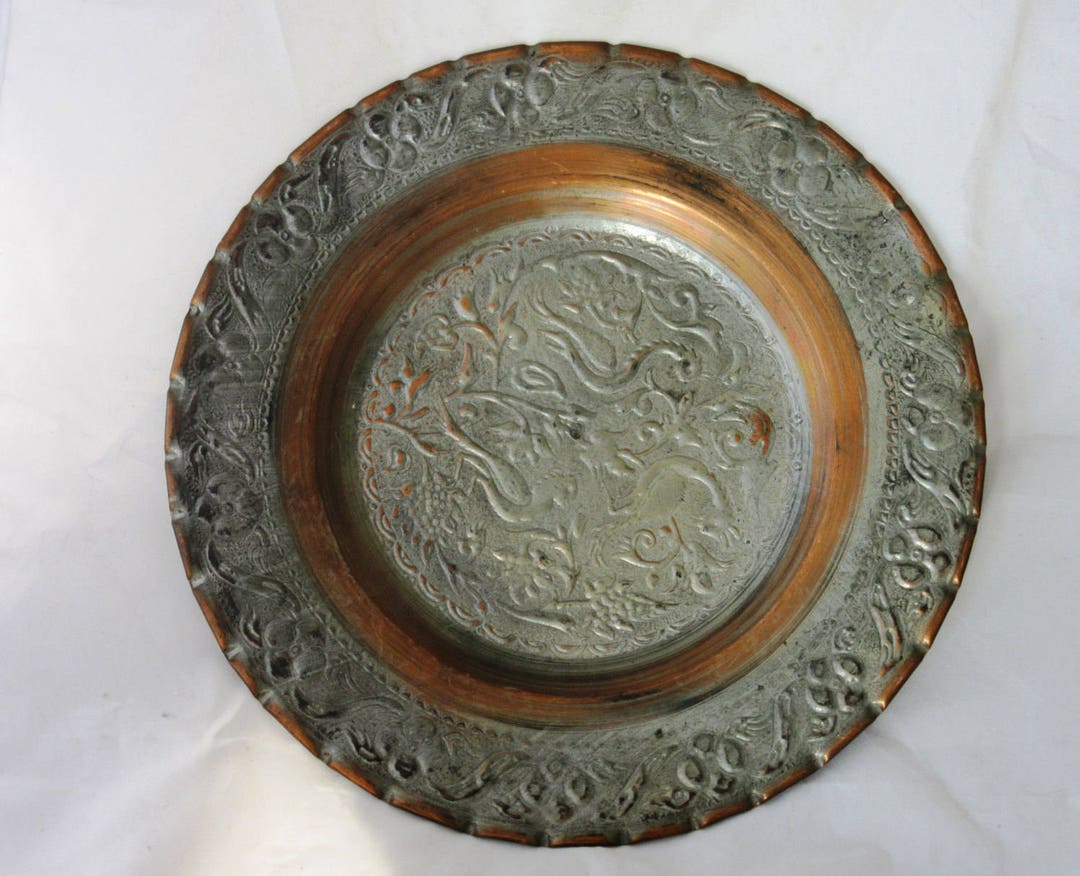 Antique Islamic Art Copper Silver Plated Plate, Hand Crafted Persian ...