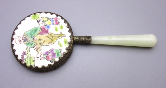 Vintage Chinese Small Mirror With Jade Handle and Porcelain | Etsy