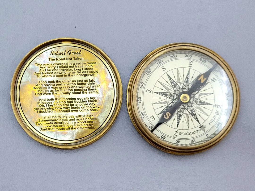 Vintage Brass Marine Compass With Robert Frost Poem on Lid. Camping and Hiking Pocket Brass ...