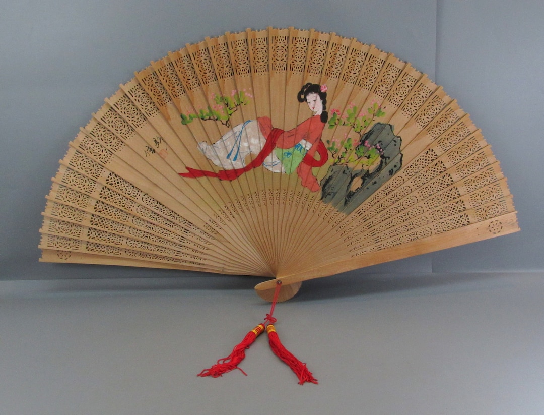 Vintage Chinese Large Bamboo Hand Fan, Decorated and Hand-painted. - Etsy