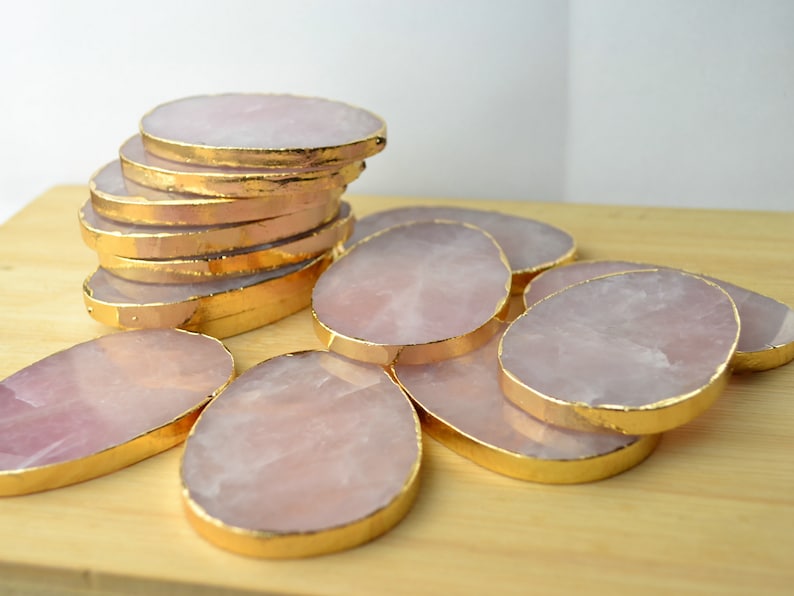 5 Pieces Natural Rose Quartz Slices Stone Slab Gold Rim Edge | Etsy