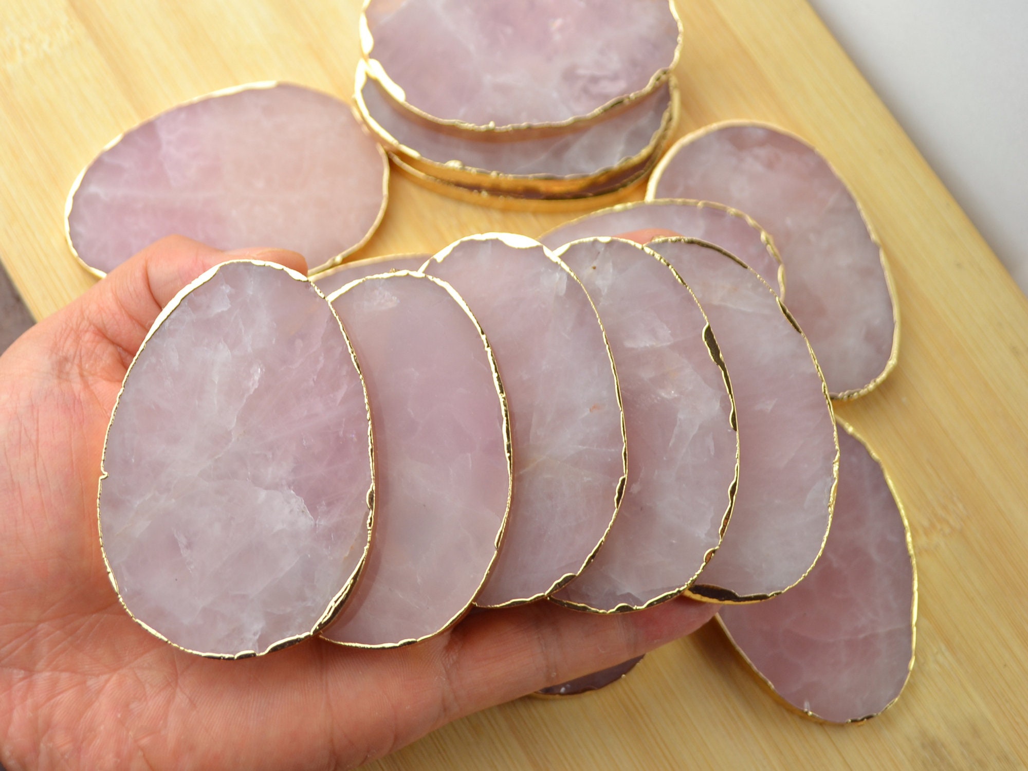 5 Pieces Natural Rose Quartz Slices Stone Slab Gold Rim Edge | Etsy