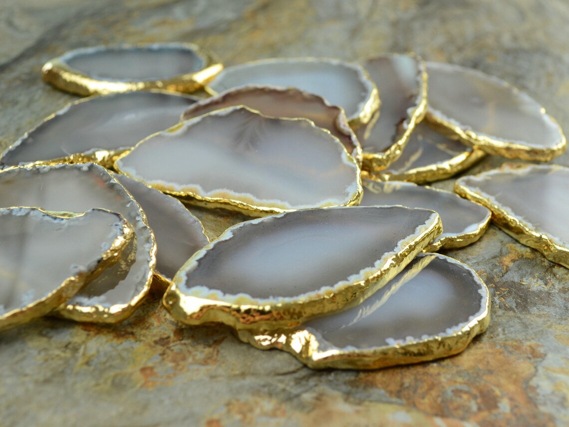 5 Pieces Natural White / Grey Agate Slices Stone Slab Gold Rim - Etsy