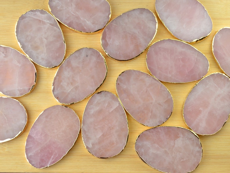 5 Pieces Natural Rose Quartz Slices Stone Slab Gold Rim Edge | Etsy