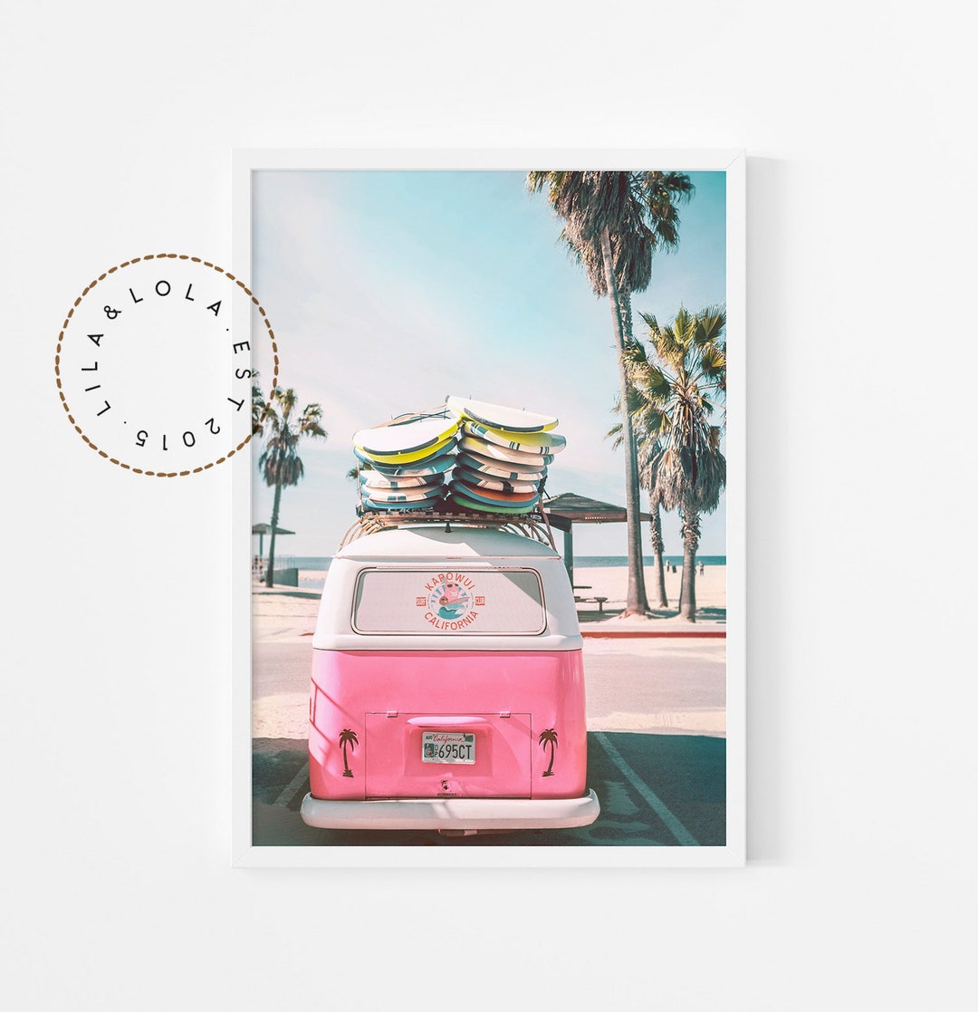 Beach Wall Art Print ~ Retro Combi Van and Palm Trees Photo ~ Printable ...