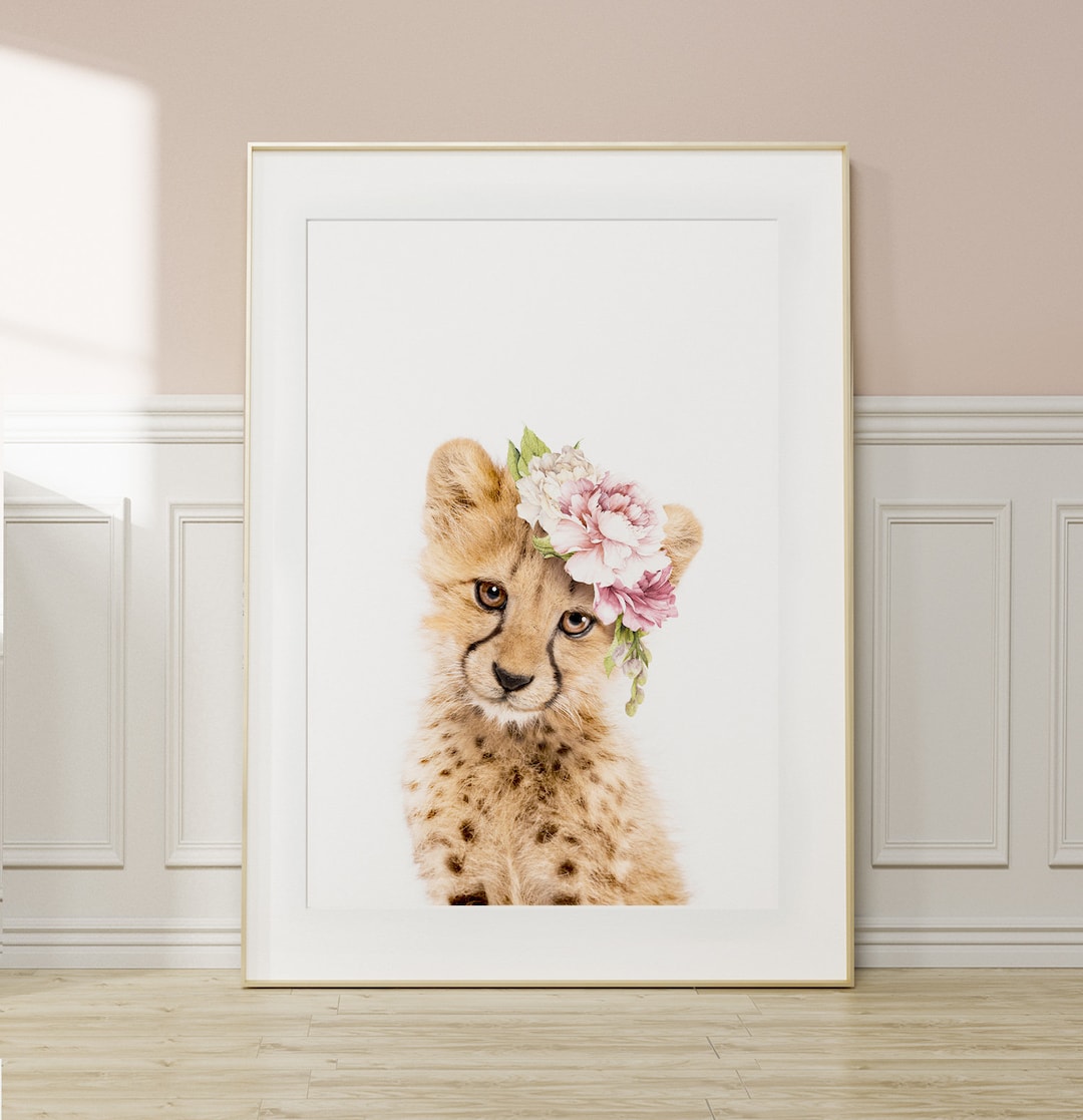 Cheetah Wall Art Print With Floral Crown ~ Girls Nursery Bedroom Decor ...