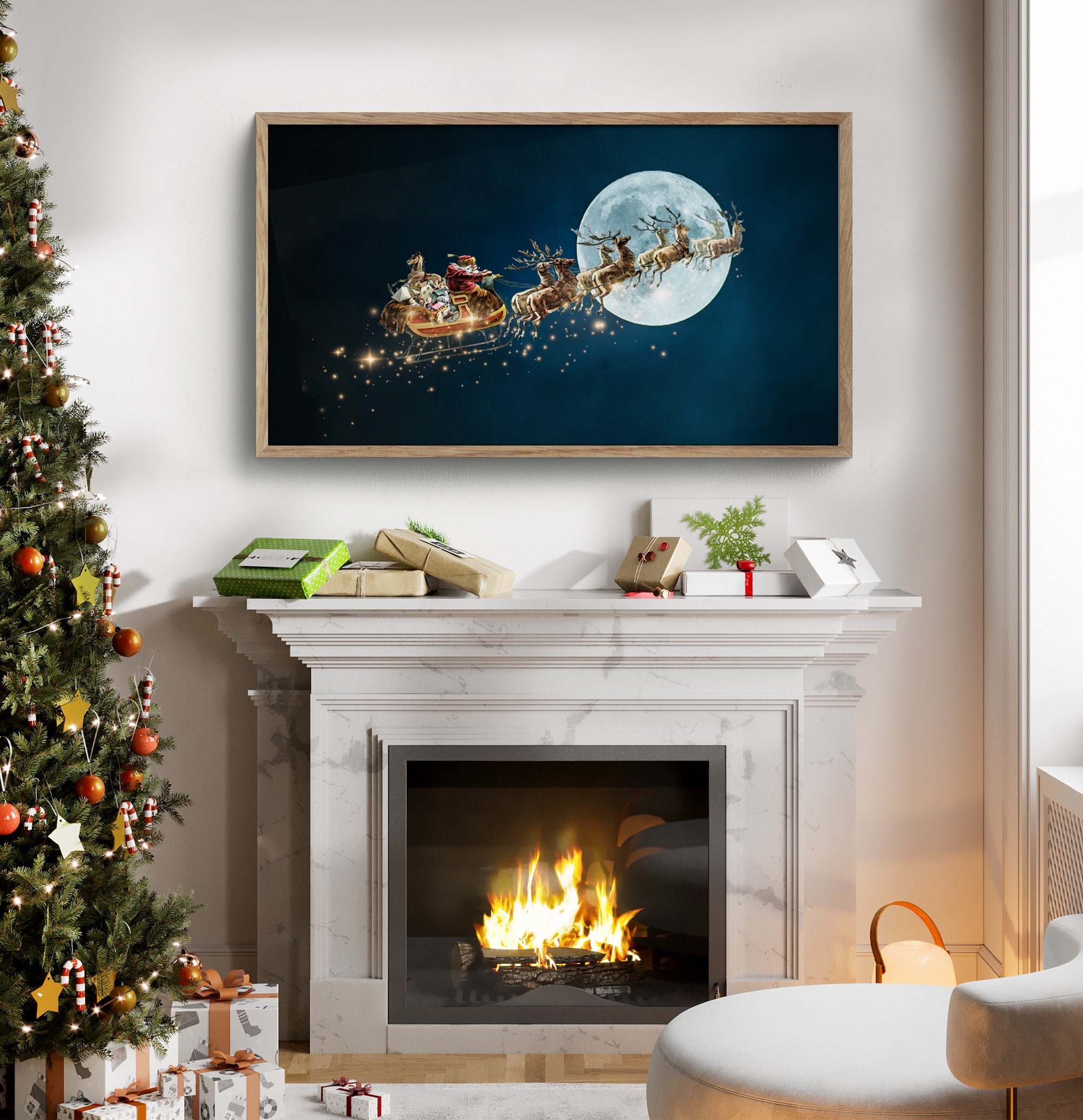 Santa Sleigh Christmas Frame TV Art, Reindeer Night Sky (digital ...